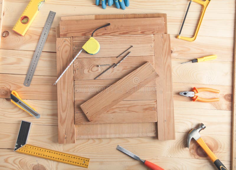 Carpenter`s Tools on the Wooden Desk Stock Image - Image of wooden ...