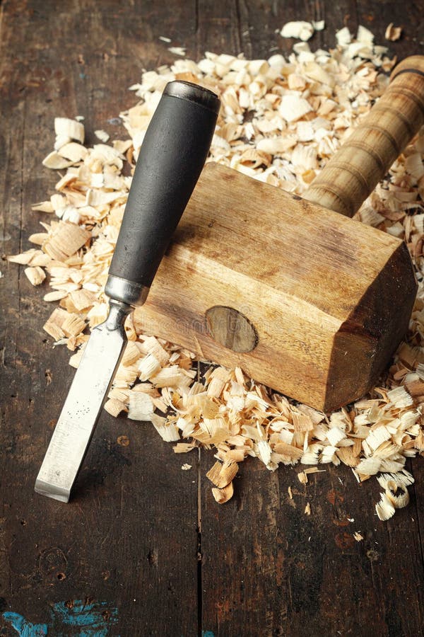 Carpenter S Wooden Mallet and Chisel Lie on a Workbench with Wood ...