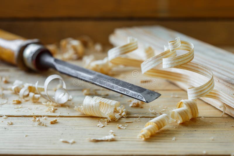 Chisel and wood chips stock image. Image of equipment - 122014995