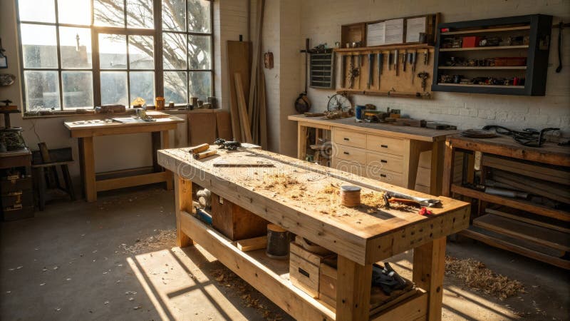 Carpenter S Workshop Sunlit Workbench, Wood Tools, Rustic Charm Stock Illustration ...
