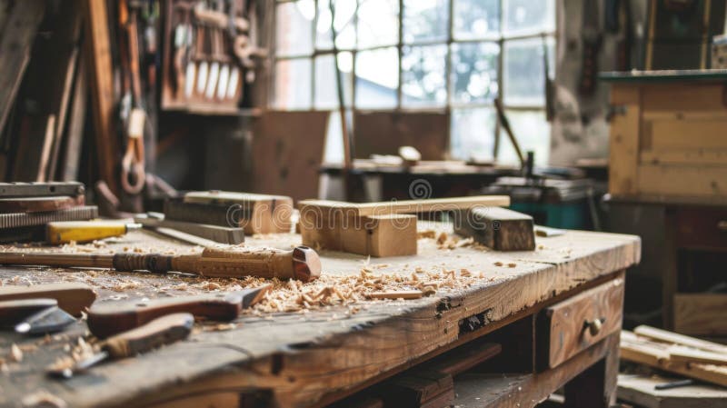 Carpenter S Workshop with Tools and Wooden Pieces on a Workbench Stock ...