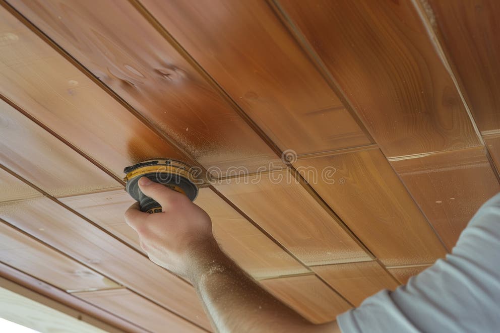 Carpenter Sanding a Wooden Ceiling Plank by Hand Stock Photo - Image of ...