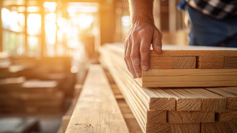 Carpenter Selecting Wood Planks in Sunlit Workshop for Craftsmanship ...