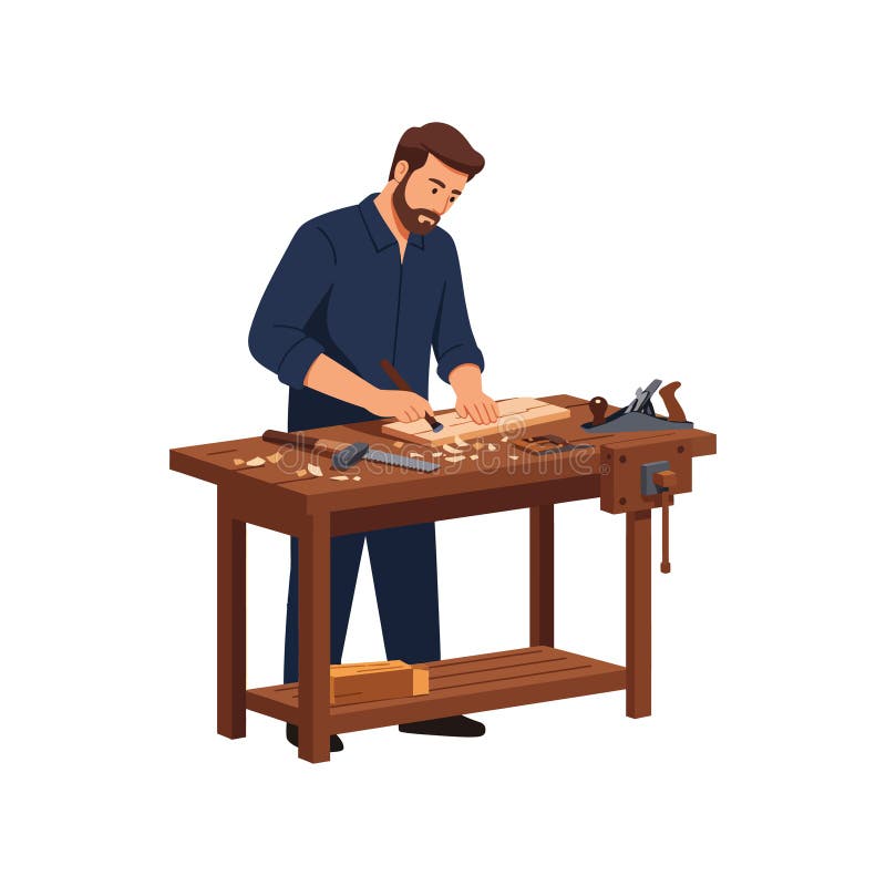 Carpenter Shaping Wood at Workbench in Flat Vector Art Style Focusing ...