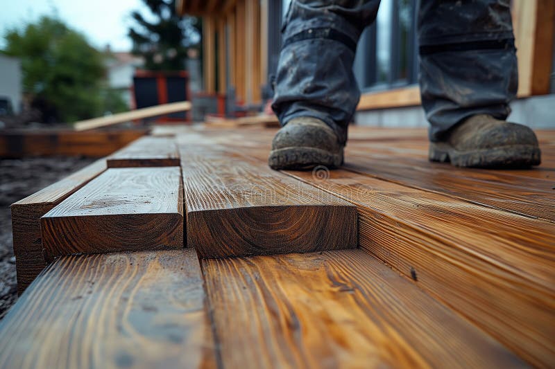 Carpenter Skillfully Constructing a Wooden Deck on a Rainy Day Outdoors ...