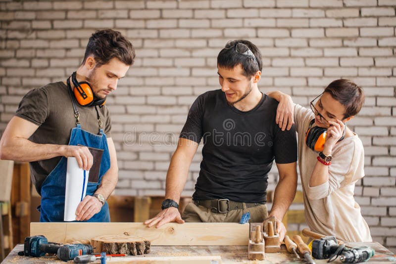 Carpenter with Students in Woodworking Workshop Stock Photo - Image of ...
