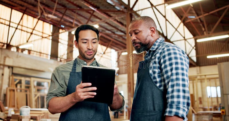 Carpenter, Tablet and Teamwork for Discussion, Planning or Design ...