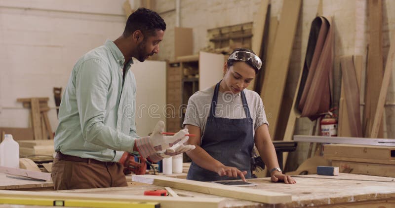 Carpenter, Talking and a Woman Learning in Workshop for Manufacturing ...