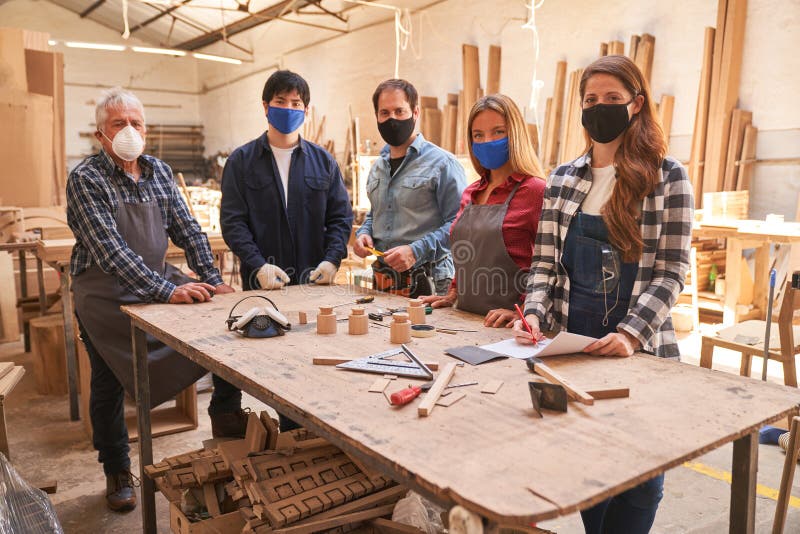 Carpenter Team with Face Mask because of Covid-19 Stock Image - Image ...