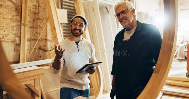 Carpenter Team, Man and Tablet in Workshop for Woodwork Project ...