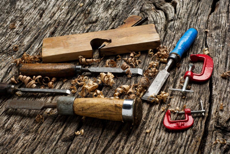 Carpenter Tools on Dark Wooden Pine Wood Table. Stock Image - Image of ...