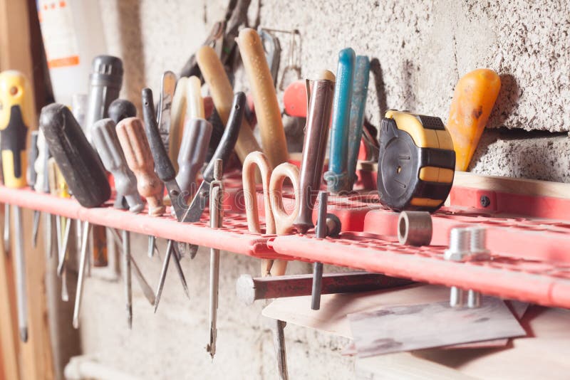 Carpenter Tools Fixed on the Wall at Workshop Stock Image - Image of ...