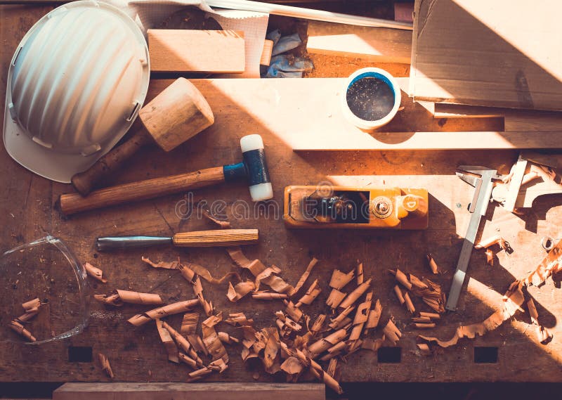 Carpenter Tools on Wood Table Background, Carpenter Tools in Pine Wood ...