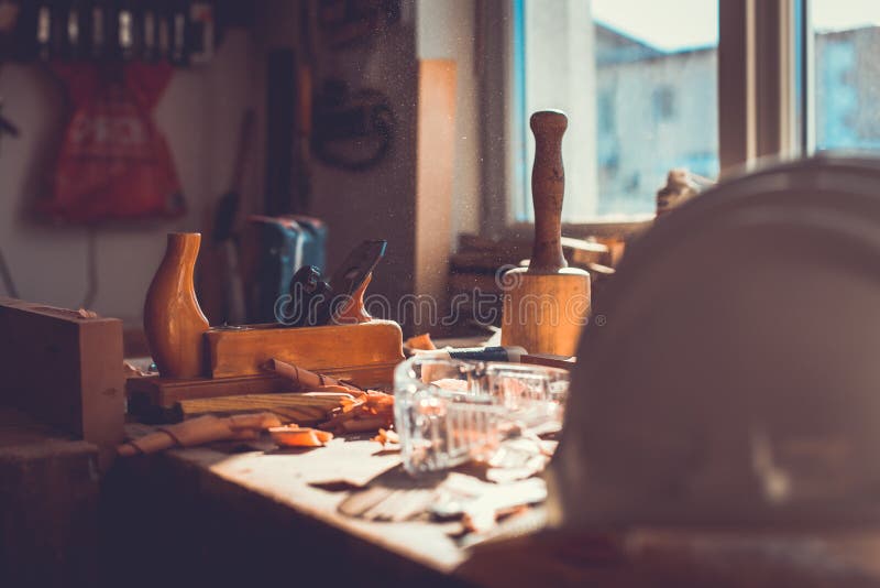 Carpenter Tools on Wood Table Background, Carpenter Tools in Pine Wood ...