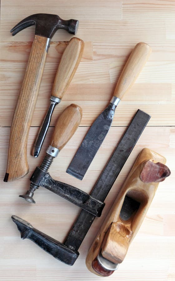 Carpenter Tools Hummer, G-clamp, Plane and Chisels Stock Image - Image ...
