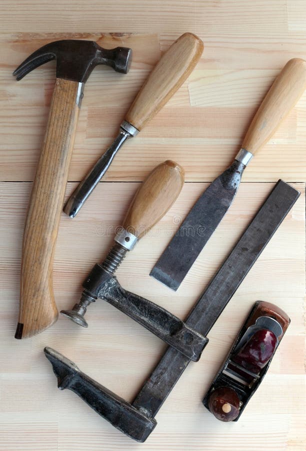 Carpenter Tools Hummer, G-clamp, Plane and Chisels Stock Image - Image ...