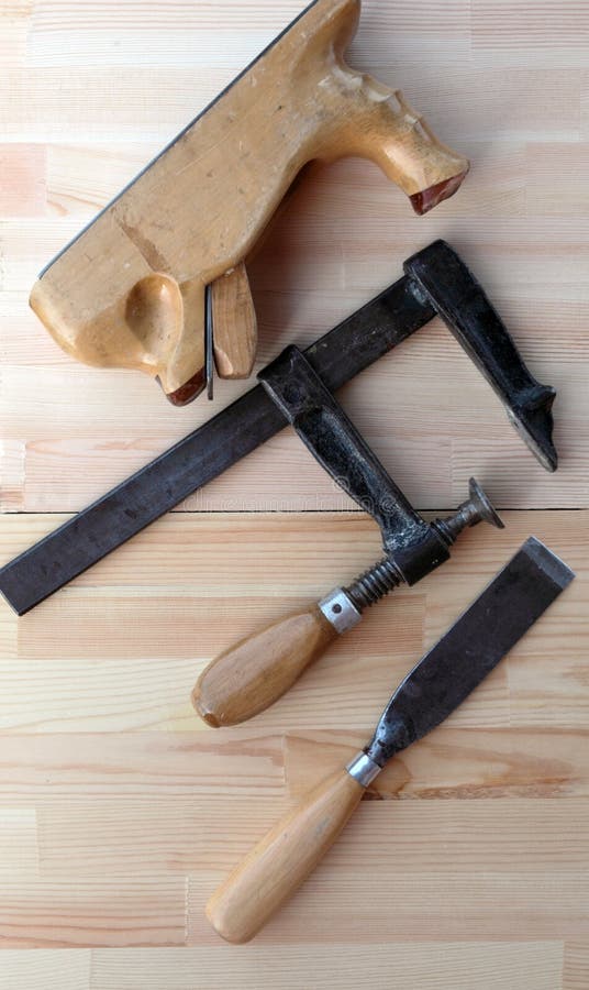 Carpenter Tools Planes, G-clamp and Chisels Stock Photo - Image of ...