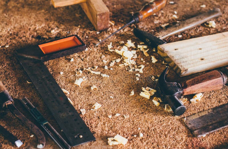 Carpenter Tools with Ruler Pen Hammer and Chisel on Table in Workshop ...