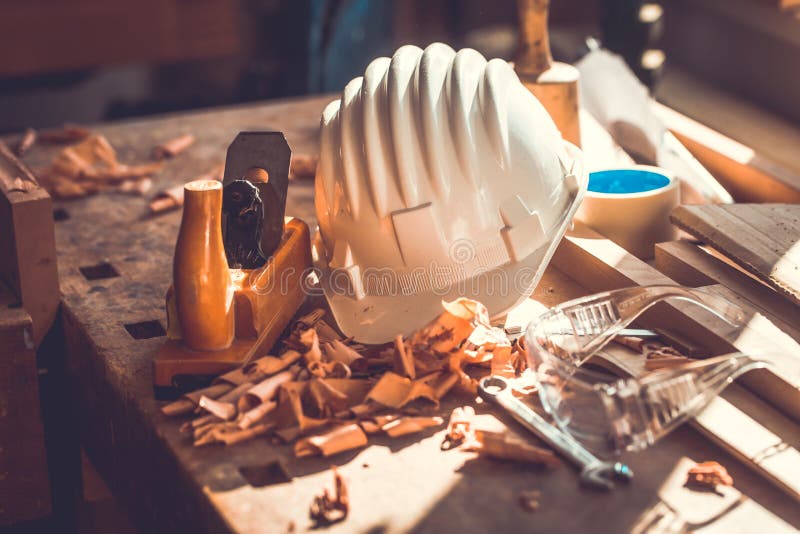 Carpenter Tools on Wood Table Background, Carpenter Tools in Pine Wood ...