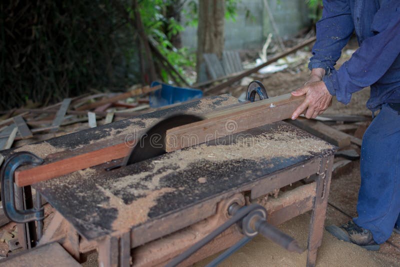 Carpenter Tools on Wooden Table with Sawdust. Circular Saw Stock Photo ...