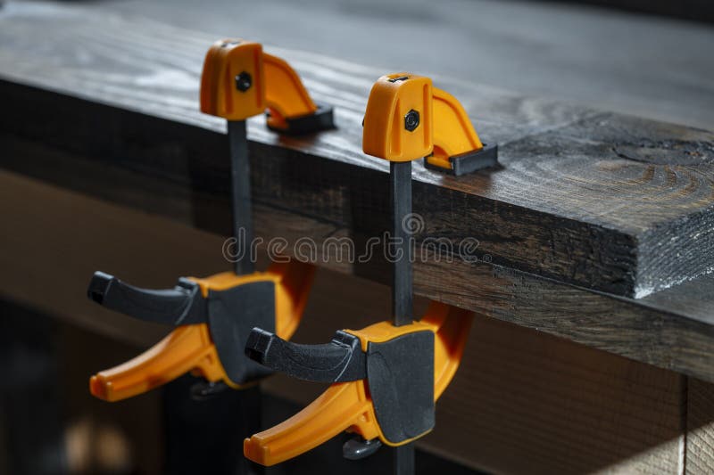 Carpenter Two Clamps Fixed Boards Closeup Carpentry Tools Home Workshop ...