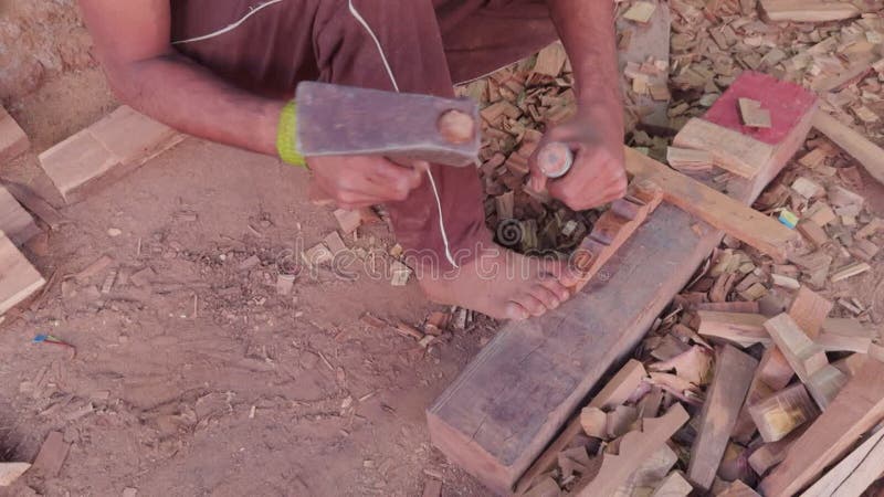 Carpenter Using Chisel and Mallet on Wood in Workshop Closeup of Hands ...