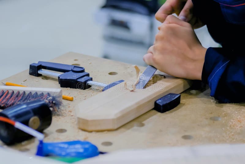 Carpenter Using Chisel To Carve Wood Stock Image - Image of closeup ...