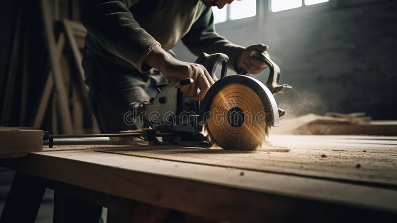 Carpenter Using a Circular Saw To Cut a Large Board of Wood. Generative ...