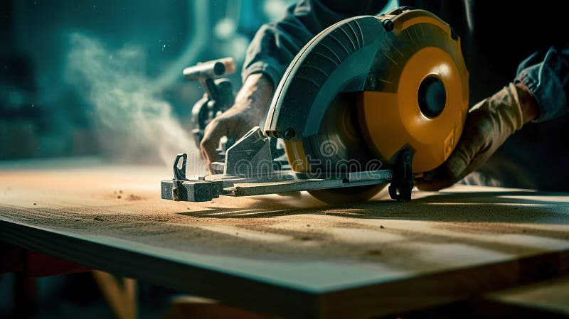 Carpenter Using a Circular Saw To Cut a Large Board of Wood. Generative ...