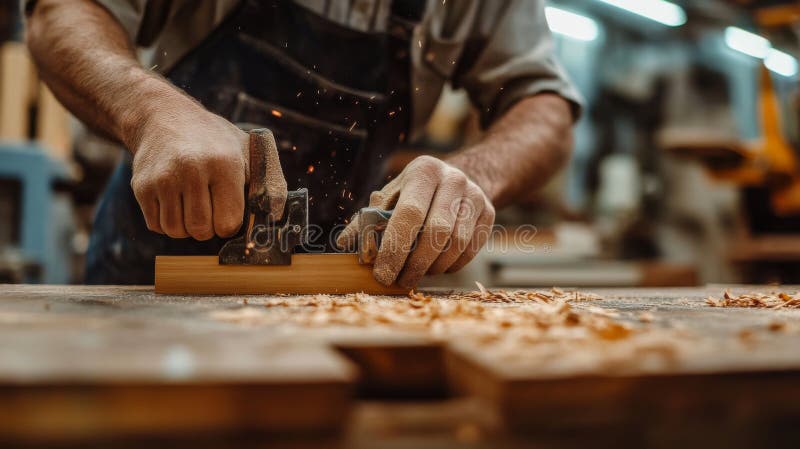 Carpenter Using a Hand Planer To Smooth a Piece of Wood Stock ...