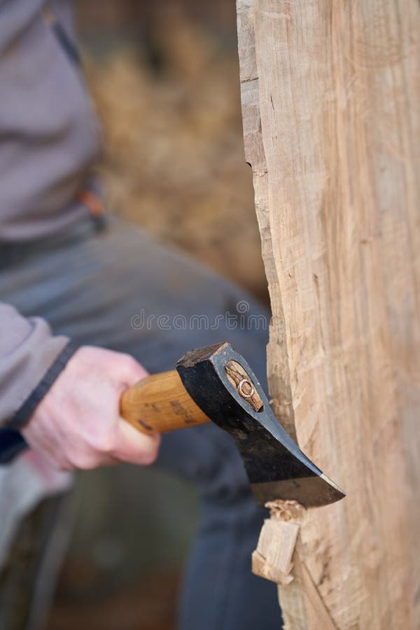 Carpenter Using Hatchet on Walnut Wood Stock Image - Image of male ...