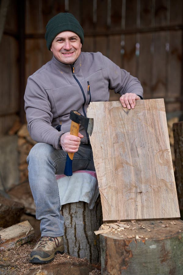 Carpenter Using Hatchet on Walnut Wood Stock Photo - Image of person ...