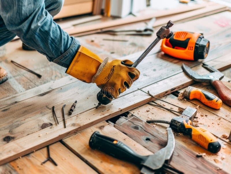 Carpenter Using Power Tools on Floor, Laying Wood Planks for Home ...