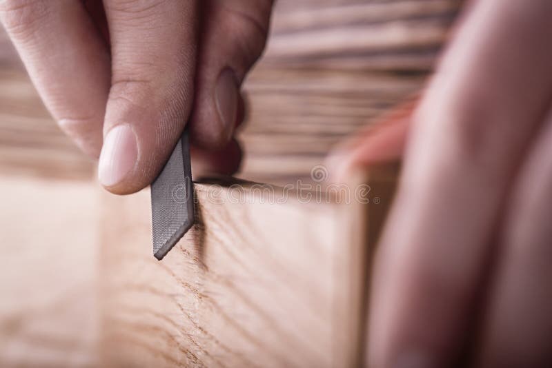 Carpenter Using Rasp or File Handles Wooden Oak Plank Stock Image ...