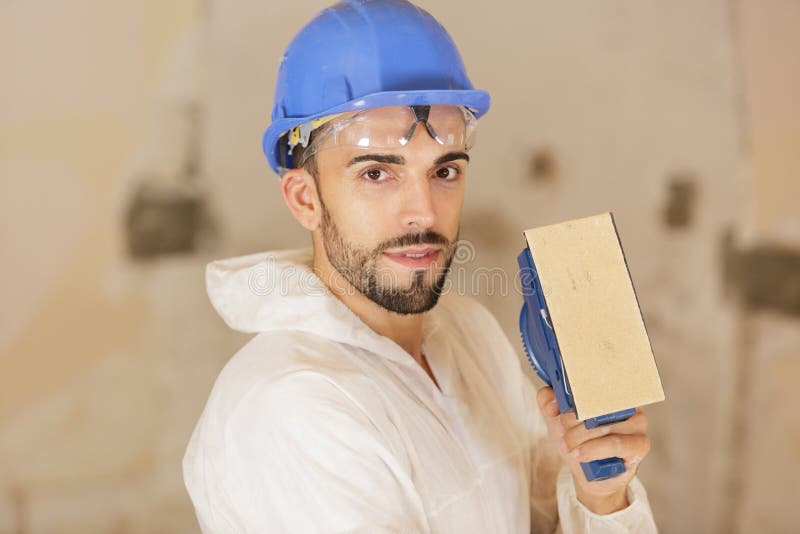 Carpenter Using Sander Machine Sanding on Pine Wood Surface Stock Image ...