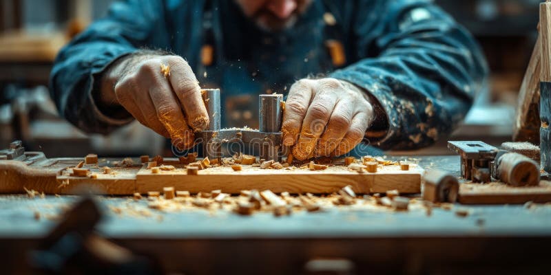 Carpenter Using Traditional Tools is Working Wood in Workshop Stock ...