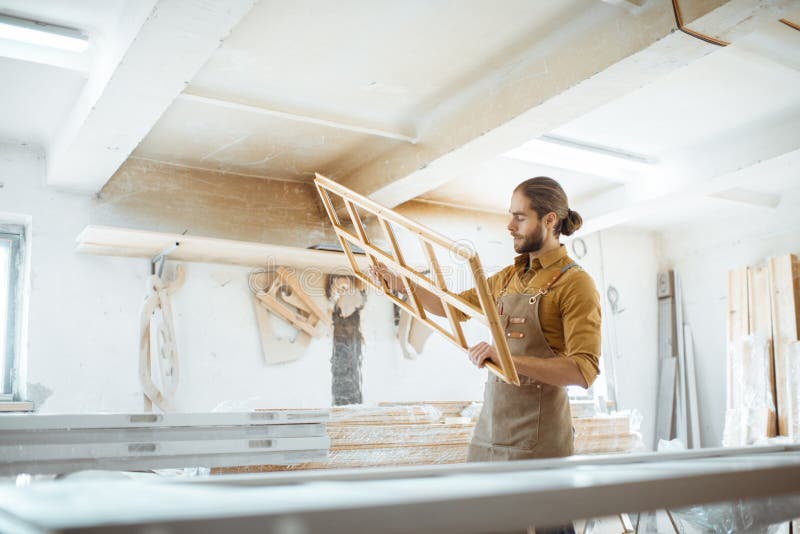 Carpenter with Window Frame at the Workshop Stock Image - Image of work ...