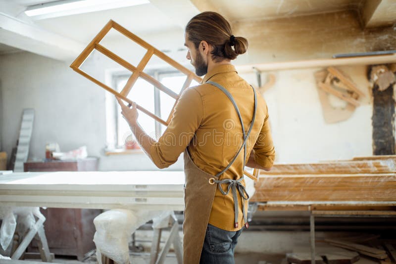 Carpenter with Window Frame at the Workshop Stock Image - Image of ...