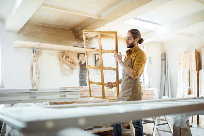 Carpenter with Window Frame at the Workshop Stock Image - Image of ...