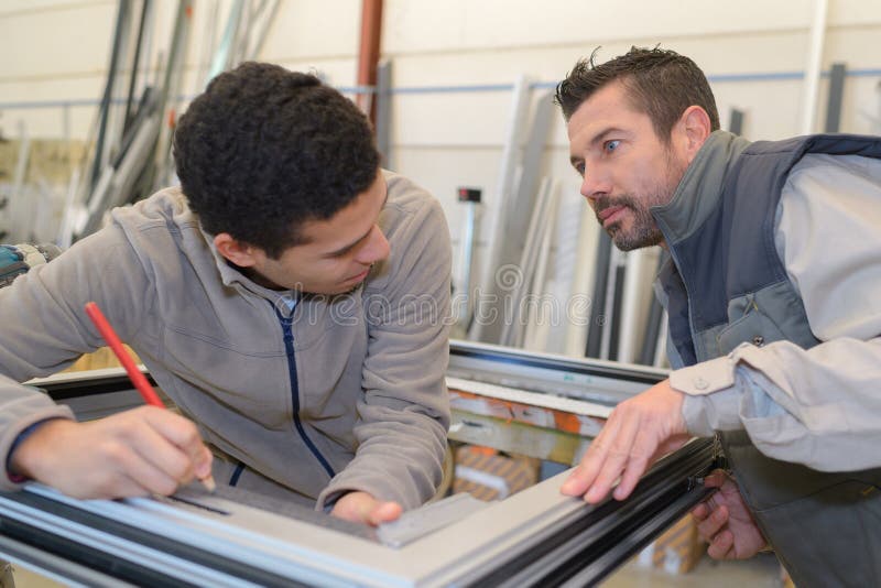 Carpenter on Window Frame in Workshop Stock Image - Image of windows ...
