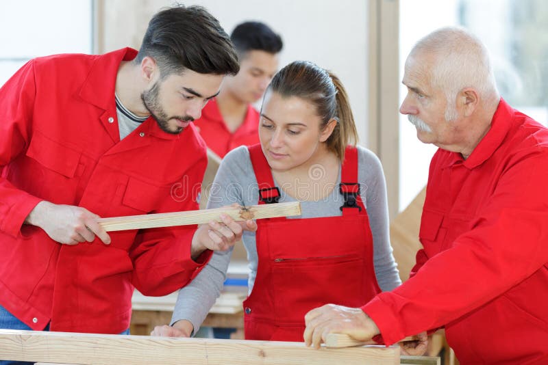Carpenter with Woman and Man Apprentice in Workshop Stock Image - Image ...