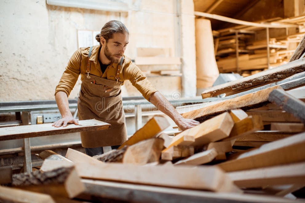 Carpenter at the Wood Storage Stock Image - Image of stack, industrial ...