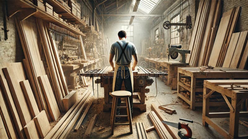 Carpenter at Work Back View in the Workshop Stock Illustration ...