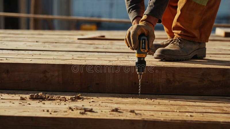 Carpenter at Work. Close Up of Carpenter Working with Drill Stock Illustration - Illustration of ...