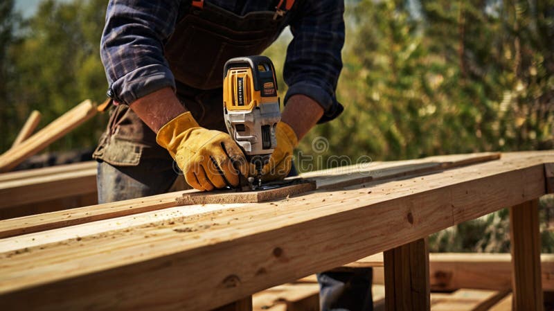 Carpenter at Work. Close Up of Carpenter Working with Drill Stock ...