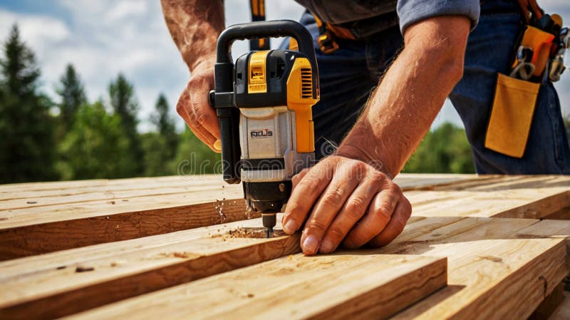 Carpenter at Work. Close Up of Carpenter Working with Drill Stock ...
