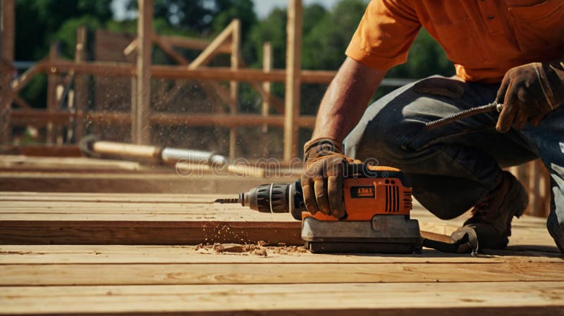 Carpenter at Work. Close Up of Carpenter Working with Drill Stock ...