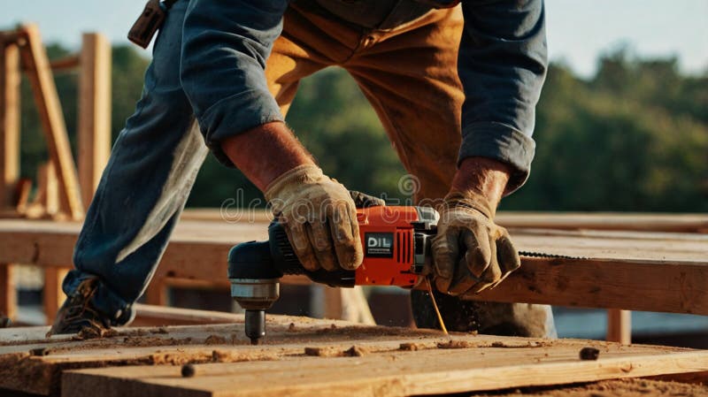 Carpenter at Work. Close Up of Carpenter Working with Drill Stock ...