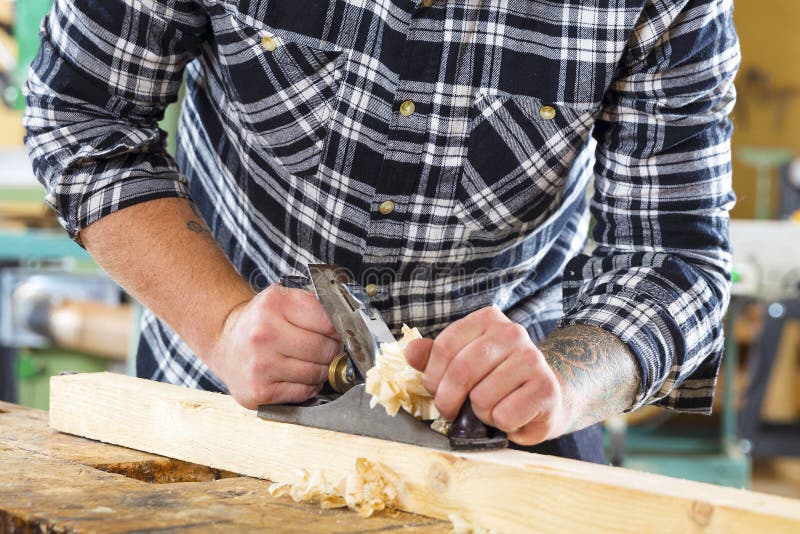 Carpenter Work with Plane on Wood Plank Stock Image - Image of craft ...