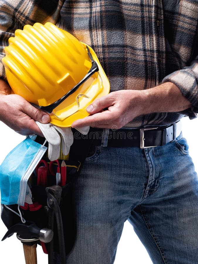 Carpenter with Work Tools and Surgical Mask on White Background ...